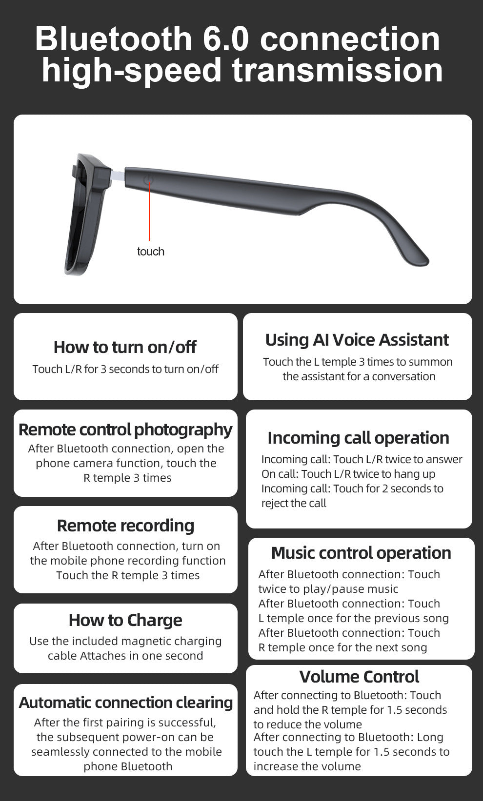 ai Translation Smart Glasses Photochromic Bluetooth Wireless Hands-Free ...